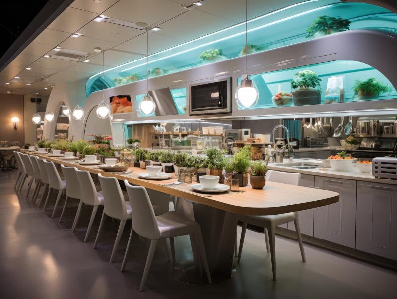 Futuristic Office Break Room with Smart Kitchen Stock Illustration ...