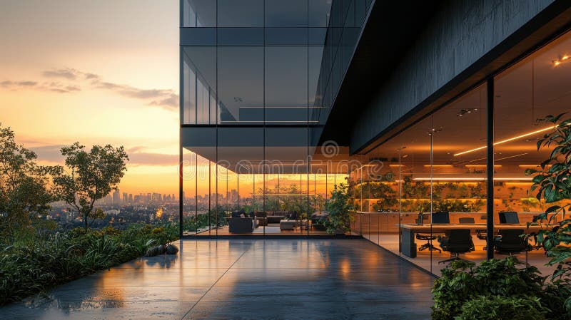 Modern Office Building with Panoramic City View at Sunset Stock ...
