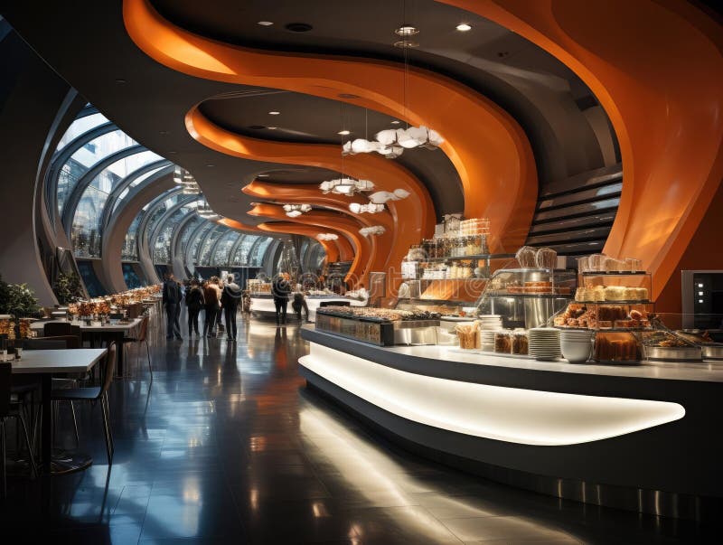 Futuristic Office Cafeteria with Automated Food Ordering and Robots ...