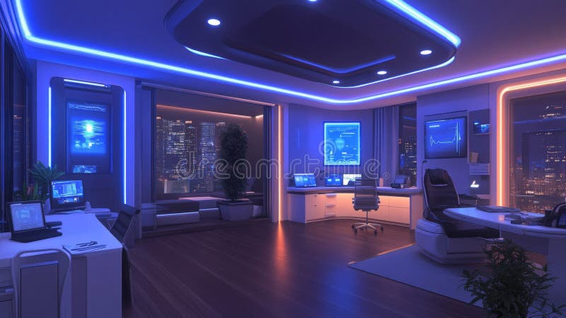 Futuristic Office with City Night View and Neon Lights Stock ...