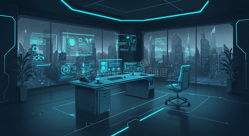 Futuristic Office with City View and Advanced Technology Interface ...