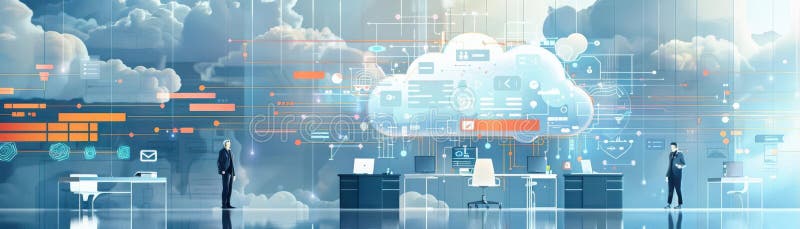 Futuristic Office with Cloud Computing Elements, People Working ...