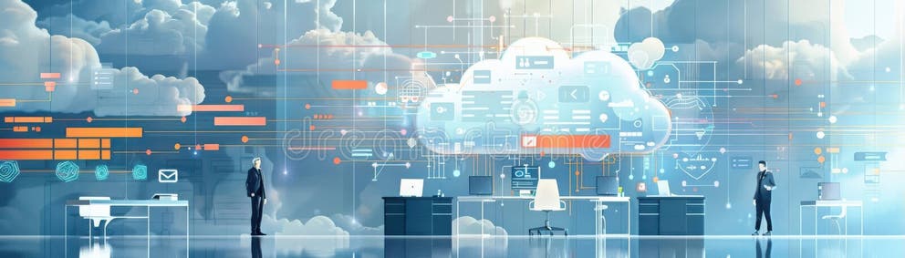 Futuristic Office with Cloud Computing Elements, People Working ...