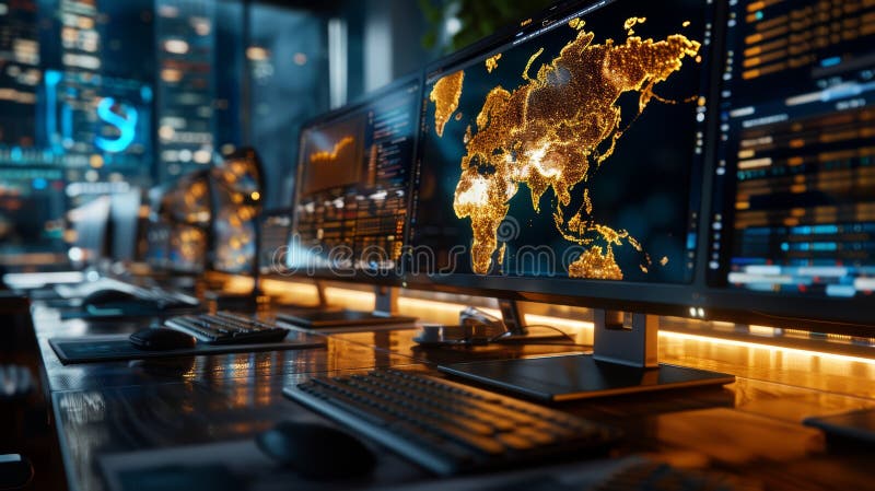 A Futuristic Office with a Computer Displaying a World Map, Showing ...