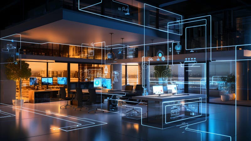 Futuristic Office Concept with Glowing Digital Overlays. Modern Design ...