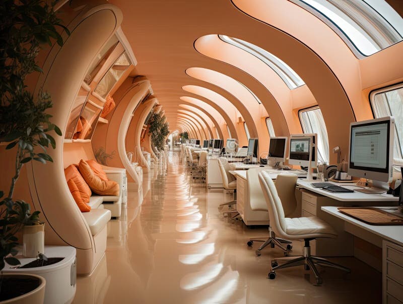 Tech Cocoon Workspaces in Futuristic Office Corridor Stock Illustration ...