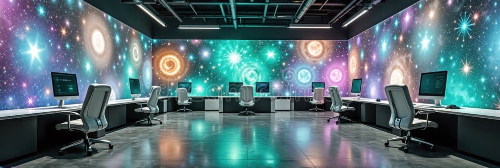Futuristic Office with Cosmic-themed Wall Mural and Modern Workstations ...