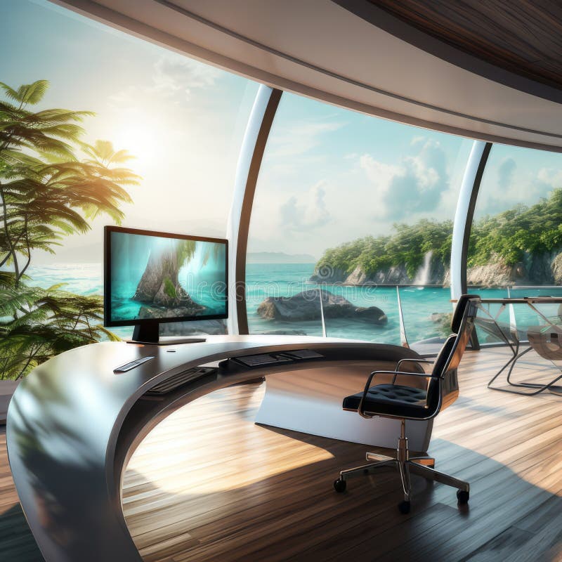 Seaside Productivity: Modern Open Plan Office with Tropical Panorama ...