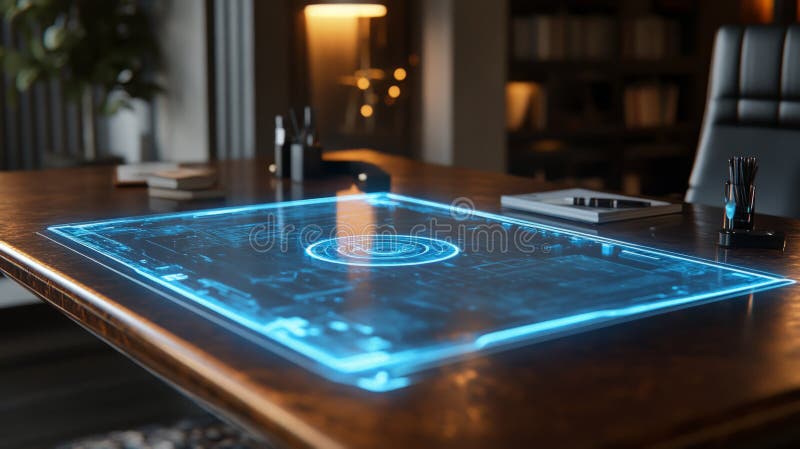 Futuristic Office Desk with Holographic Interface Display Stock ...