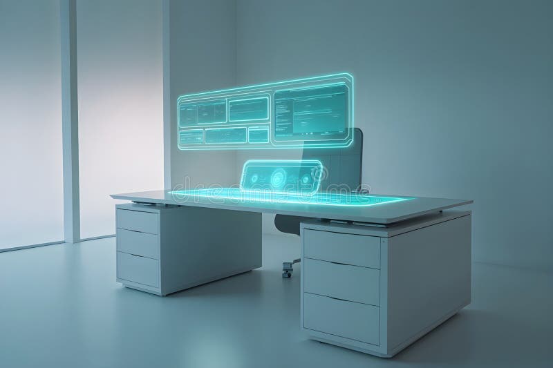 Futuristic Office Desk with Holographic Interface in Minimalist Setting ...