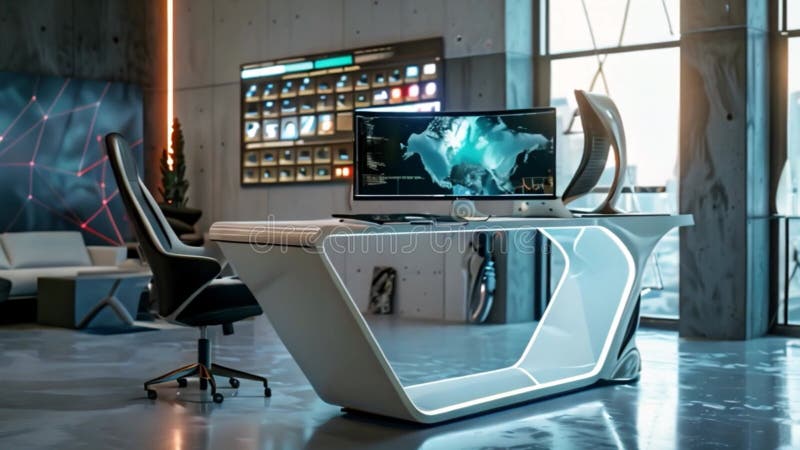 Futuristic Office Desk with Illuminated Edge and Computer Monitors ...