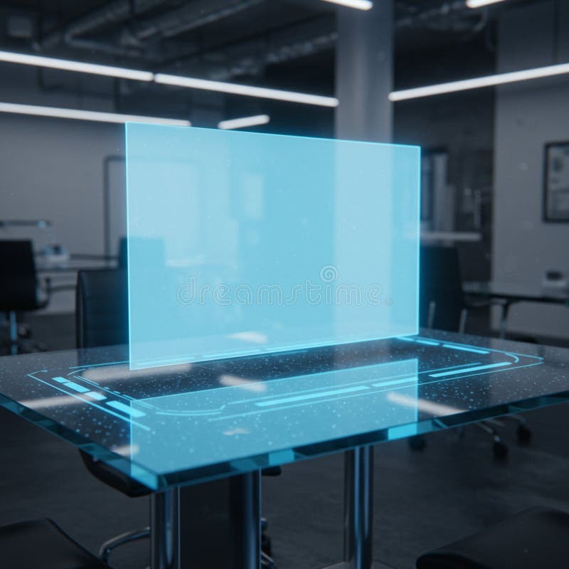 Futuristic Office Features a Holographic Display Projecting a Blue ...