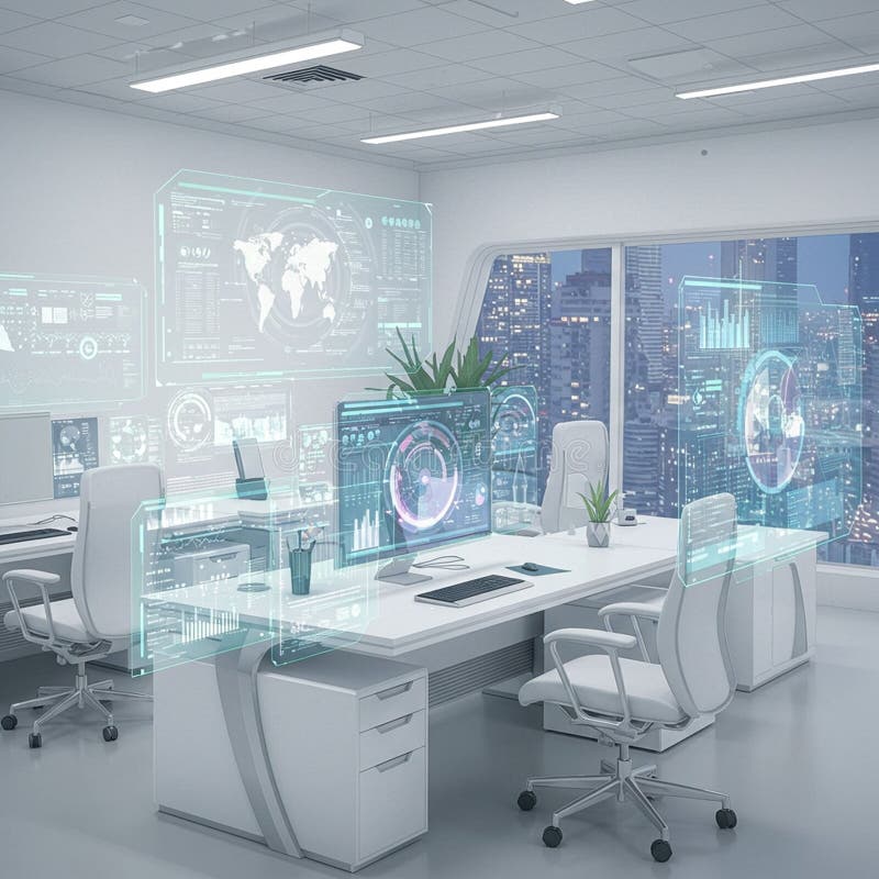 Futuristic Office Featuring High-tech Holographic Displays Projecting ...