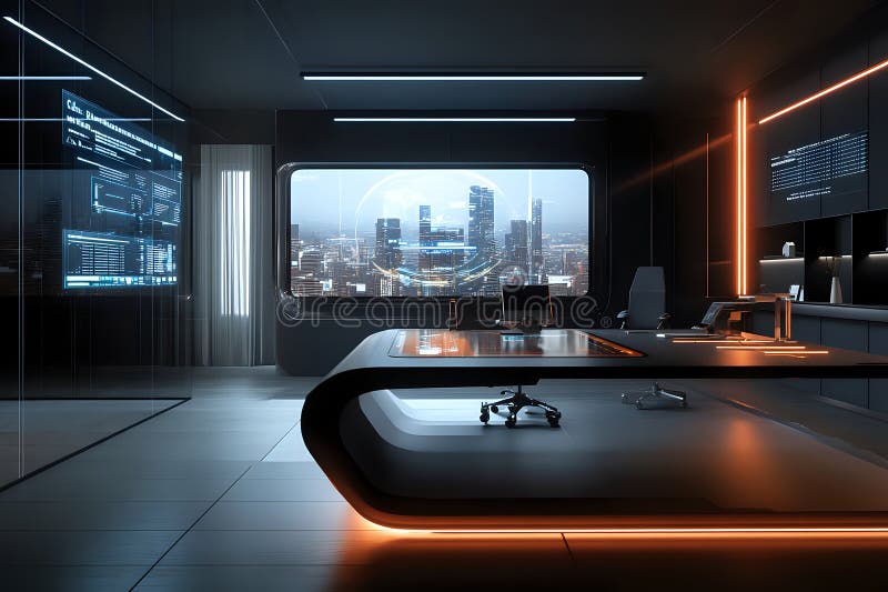 Futuristic Office with Holographic Interface and Cityscape View Stock ...