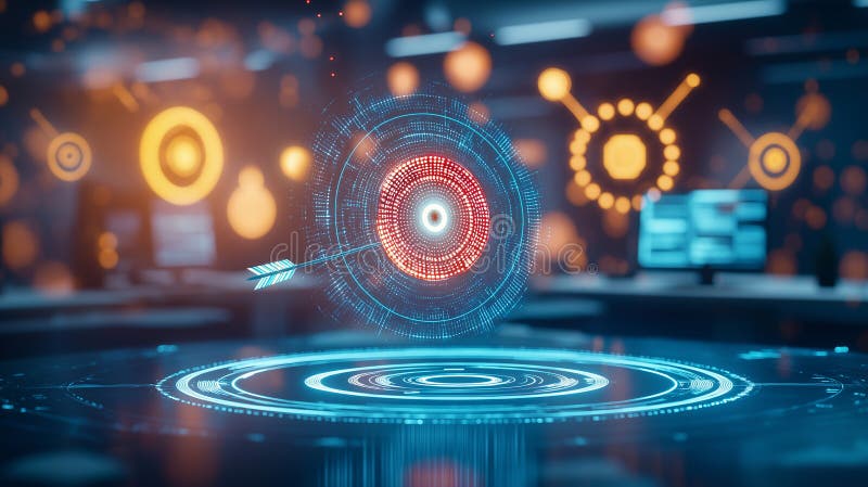Futuristic Office Featuring Holographic Target with Arrow Hitting ...