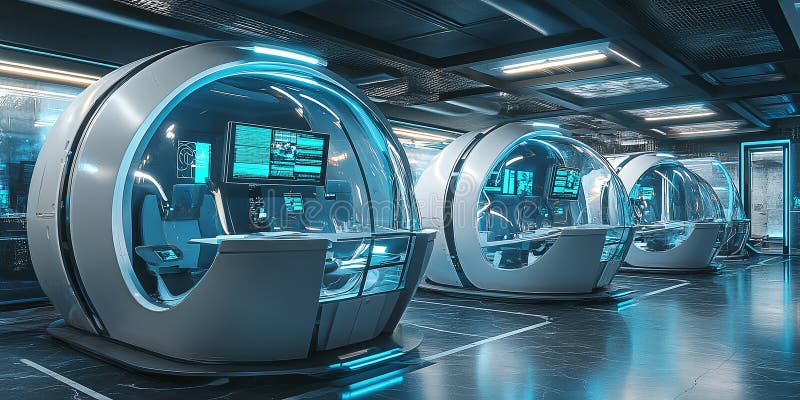 A Futuristic Office Featuring Soundproof Pods with Glowing Interfaces ...
