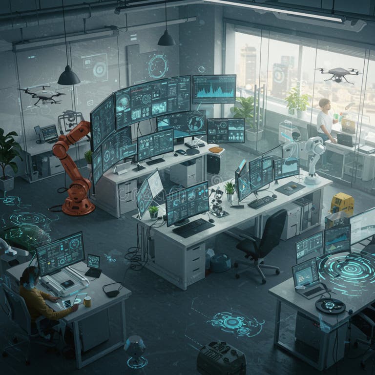 Futuristic Office Filled with Advanced Technology Features Multiple ...