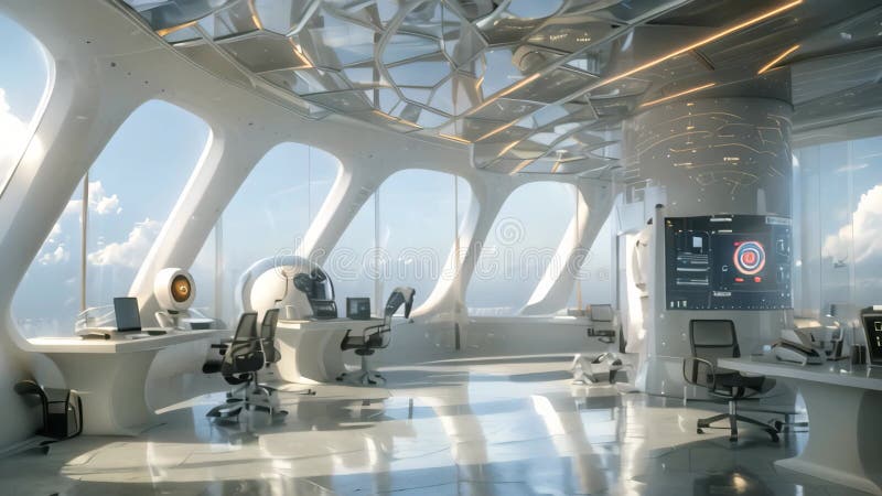 A Futuristic Office Space with a Glowing World Map and a Large Digital ...