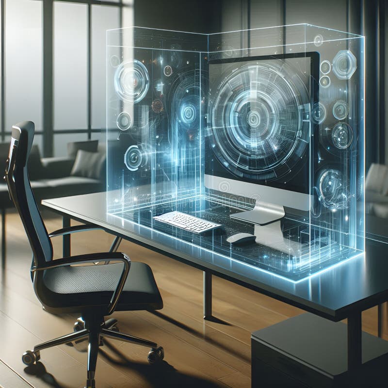 Futuristic Office with Holographic Computer Display Stock Photo - Image ...