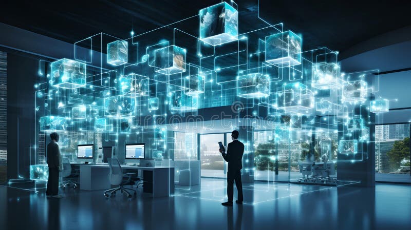 Futuristic Office with Holographic Interface. Professionals Working ...