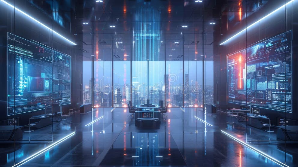 Futuristic Office with Holographic Interfaces Showcasing Digital ...