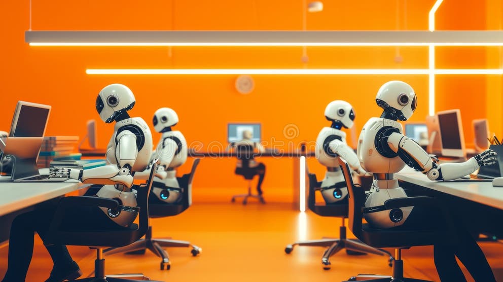 Futuristic Office with Humanoid Robots Working at Desks Stock Photo ...