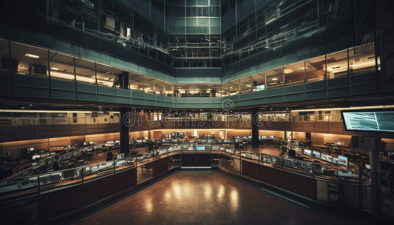 Futuristic Office Inside Skyscraper, Illuminated by Steel Lighting ...