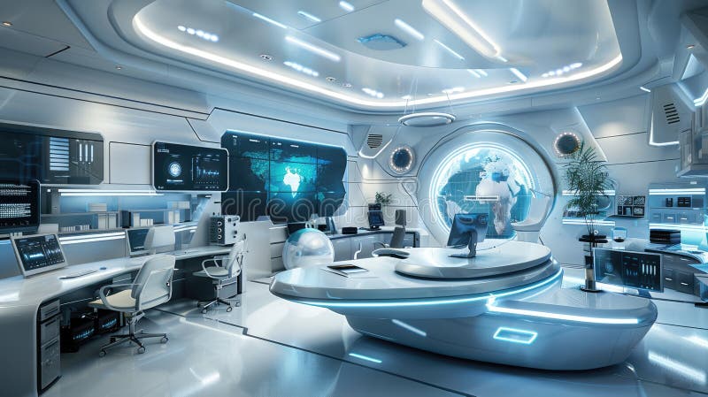 Futuristic Office Interior with Advanced Technology and Cityscape View ...