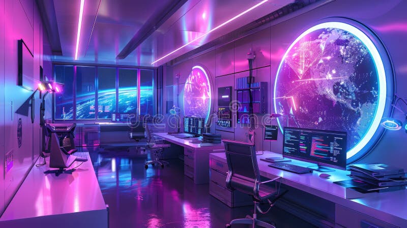 Futuristic Office Interior with Advanced Technology and Cityscape View ...