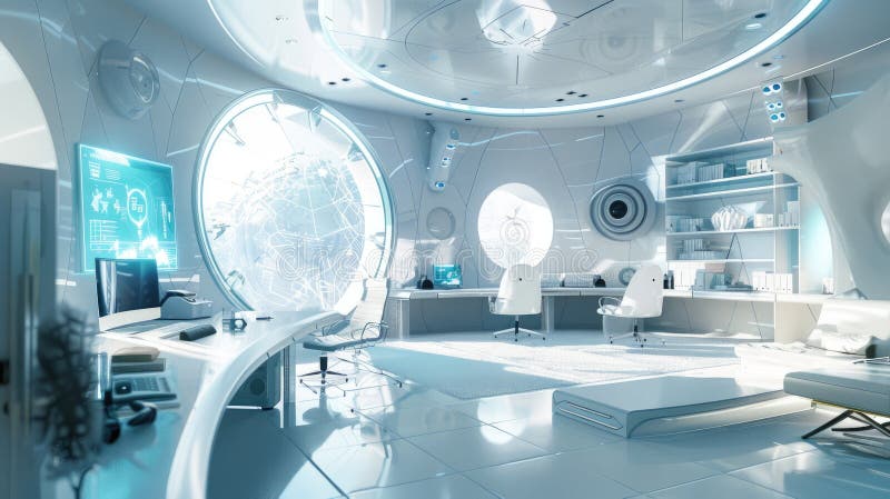 Futuristic Office Interior with Advanced Technology and Cityscape View ...