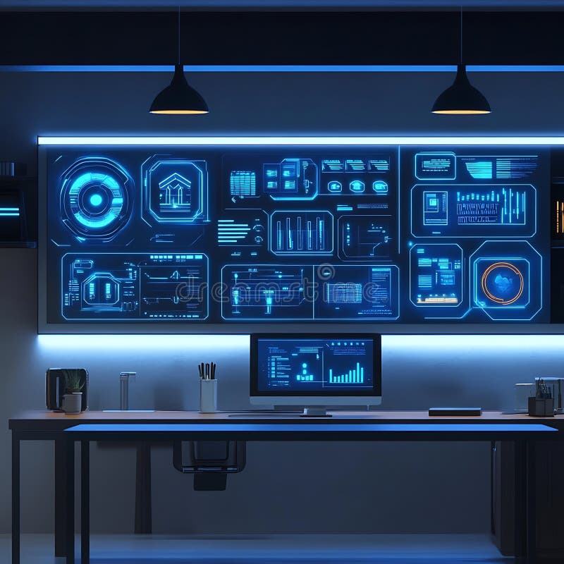 Futuristic Office Interior with Blue Neon Lights and Data Displays ...