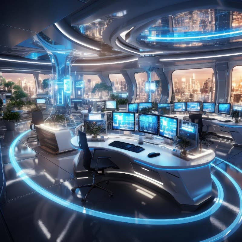Futuristic Office Interior with City View and Advanced Technology Stock ...