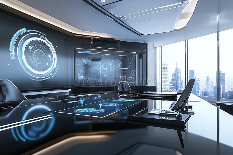 Futuristic Office Interior with Cityscape View and Interactive Screens ...