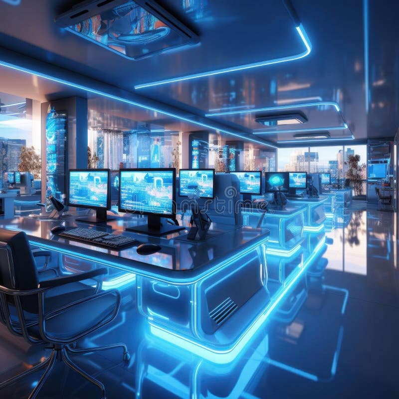 Futuristic Office Interior Design with Blue Neon Lights and Computer ...