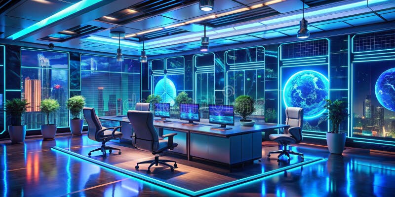 Futuristic Office Interior Design with Blue Neon Lights and Earth Globe ...