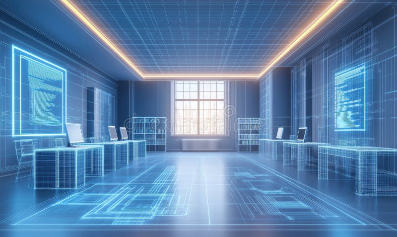Futuristic Office Interior with Digital Blueprint Design and Modern ...