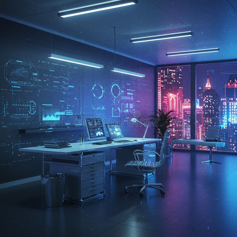 Futuristic Office Interior with Sleek Workstations and Digital Screens ...