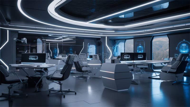 Futuristic Office with Large Table and Chairs in the Middle of the Room Stock Photo - Image of ...