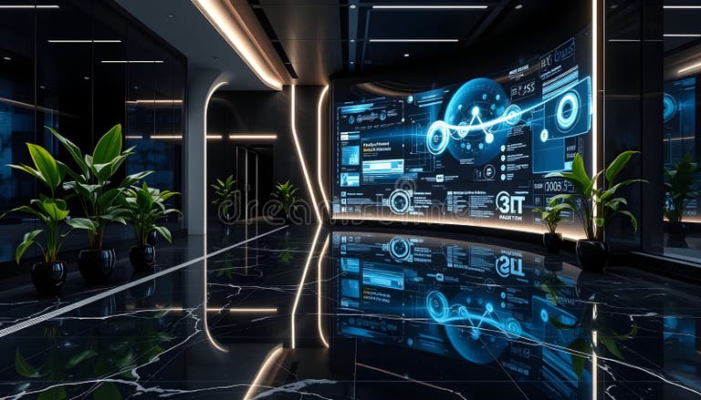 Futuristic Office Lobby with Immersive Digital Display Stock ...