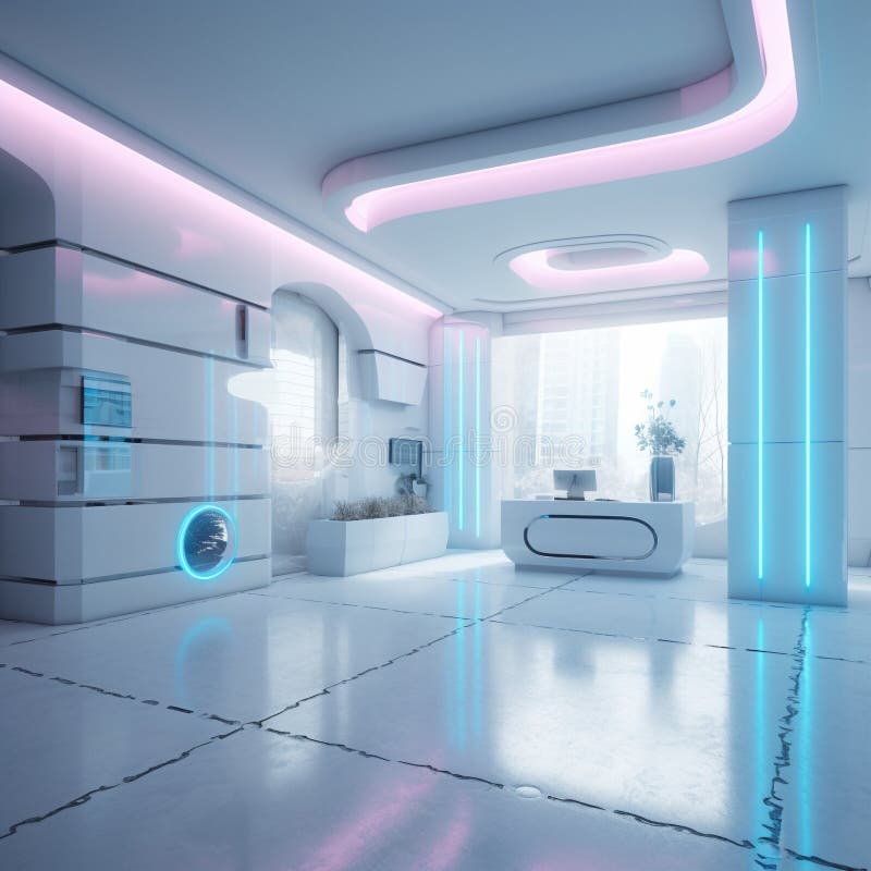 Futuristic Office Lobby with Silver Podium and Blue Background Stock ...