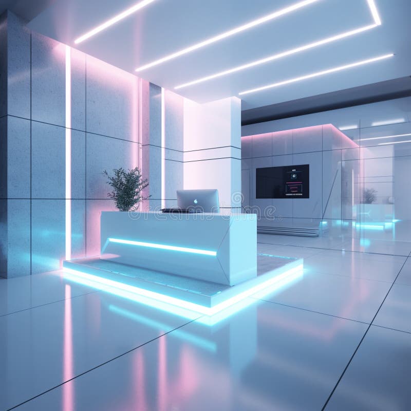 Futuristic Office Lobby with Silver Podium and Blue Background Stock ...