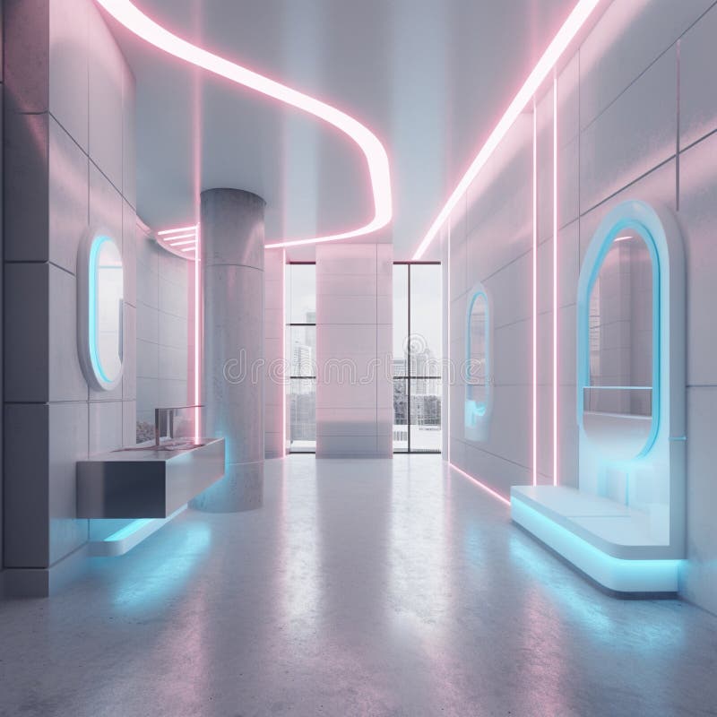 Futuristic Office Lobby with Silver Podium and Blue Background Stock ...