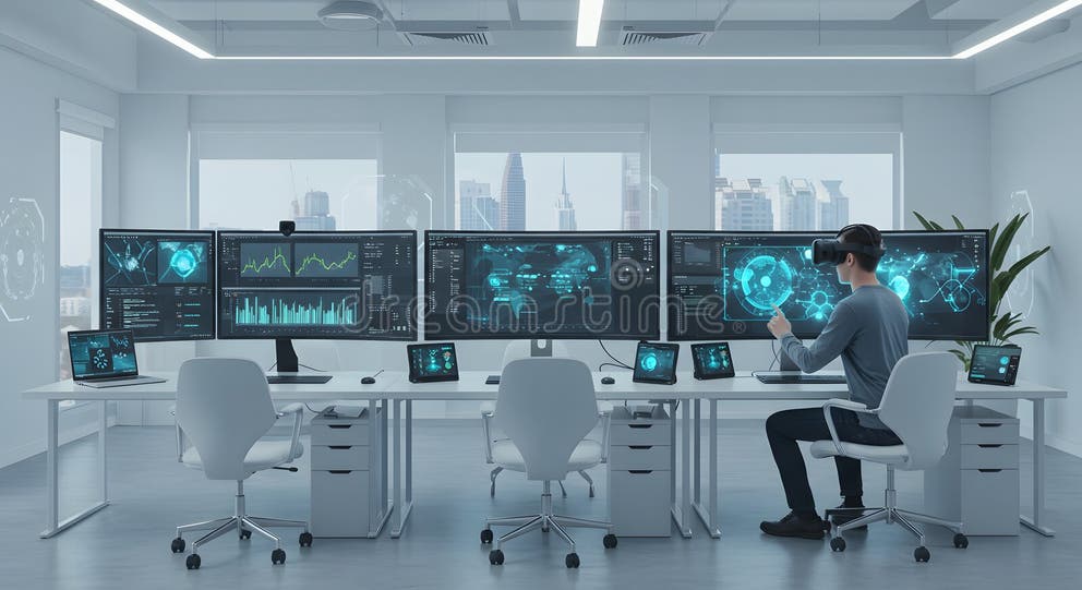 Futuristic Office: Man in VR Interacting with Data on Multiple Screens ...