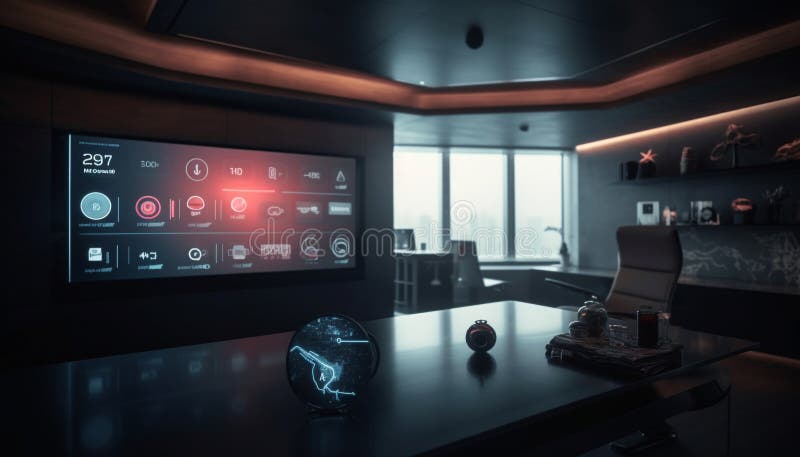 Futuristic Office with Modern Equipment and Glowing Technology ...