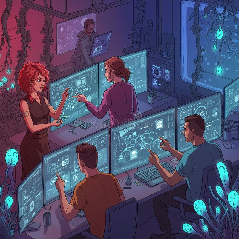 Futuristic Office with Multiple Large Transparent Screens Displaying ...