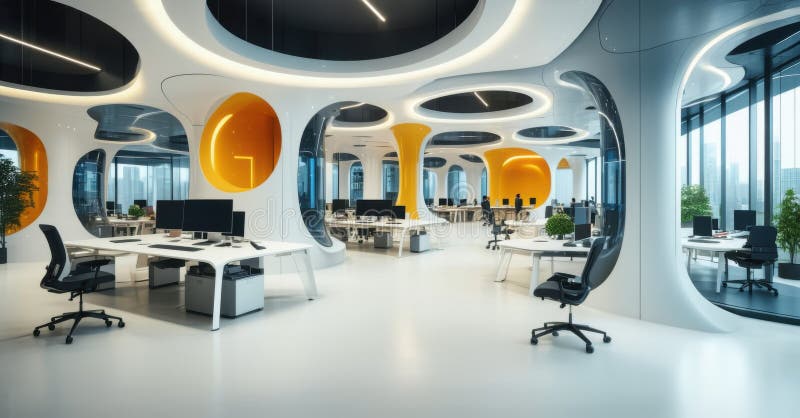 Futuristic Office with Neon Ceiling, Open Workspace, Sleek Desks ...