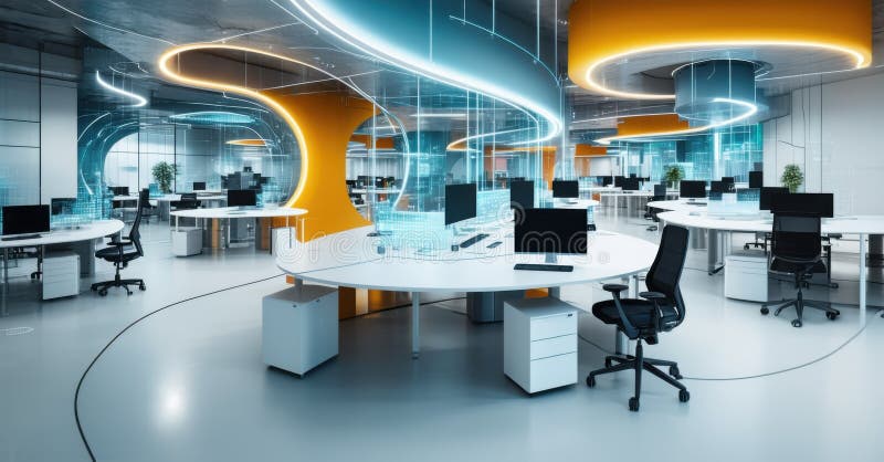 Futuristic Office with Neon Ceiling, Open Workspace, Sleek Desks ...