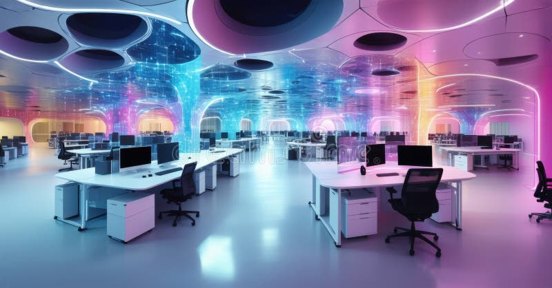 Futuristic Office with Neon Ceiling, Open Workspace, Sleek Desks ...