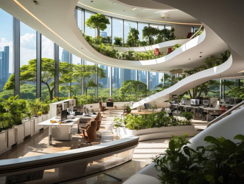 Futuristic Office with Open Spaces and Trees Stock Illustration ...