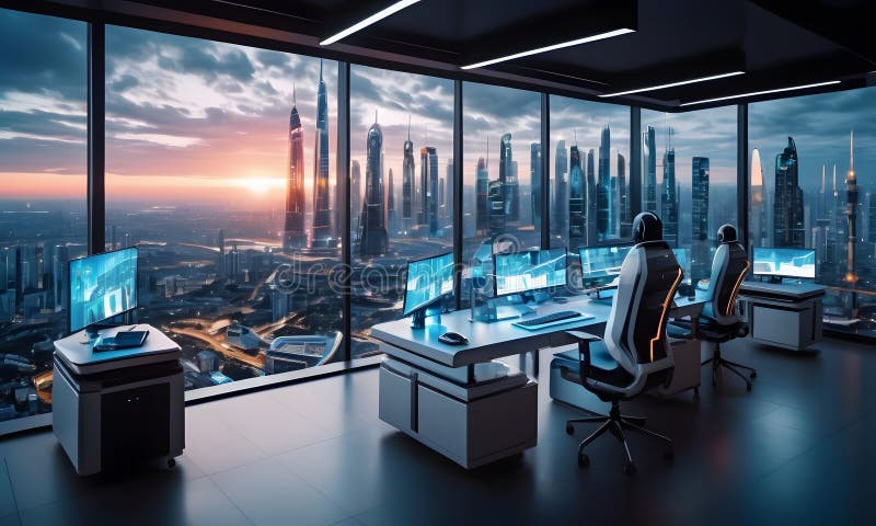Futuristic Office Overlooking Cityscape at Sunset, AI Generated Stock ...